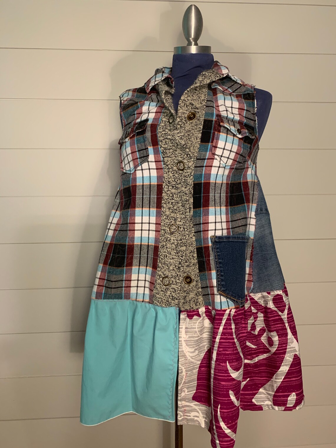 Fun Upcycled Plaid Patchwork Pineapple Flannel Sweater Tank Duster XS ...