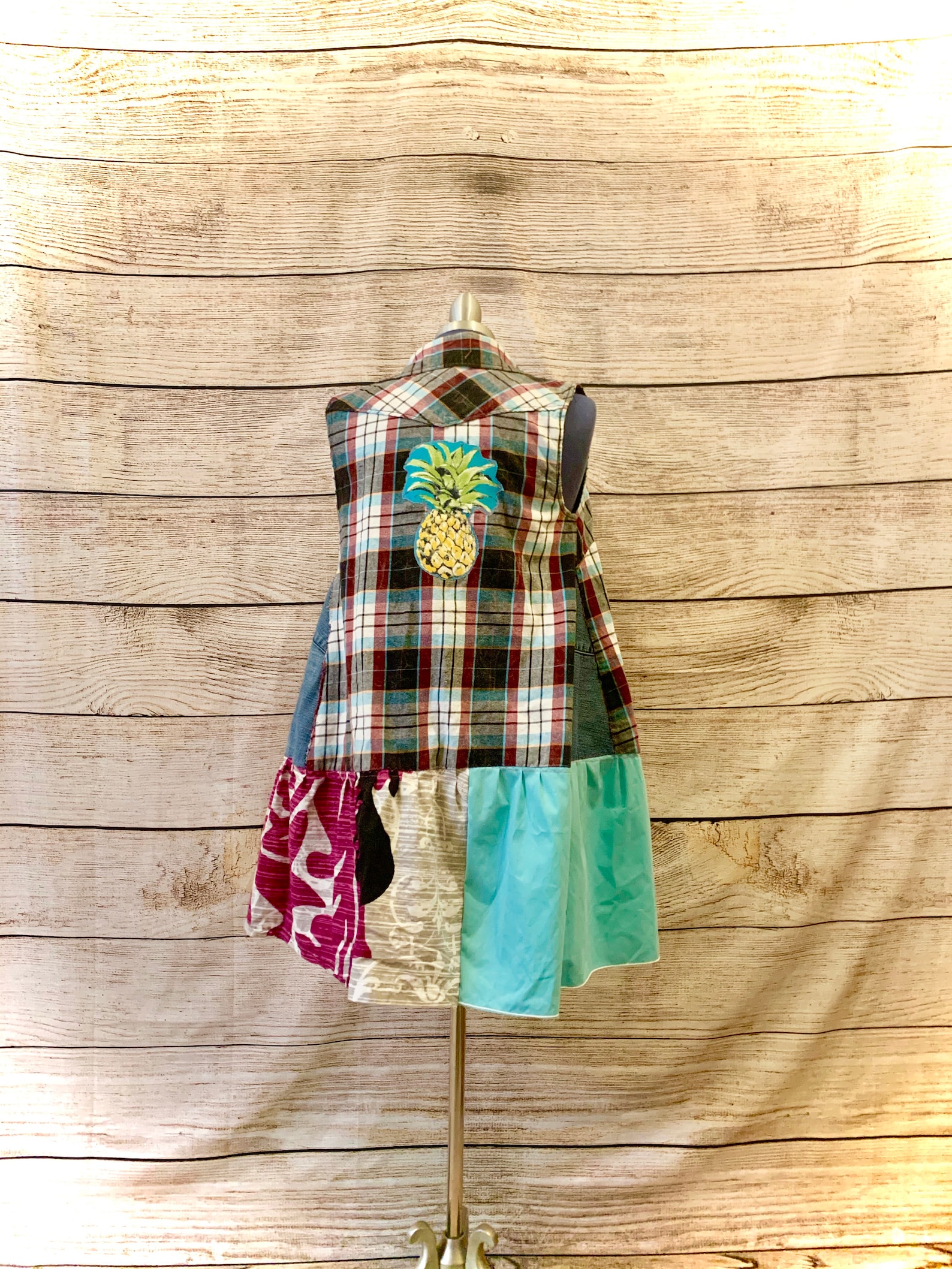 Fun Upcycled Plaid Patchwork Pineapple Flannel Sweater Tank Duster XS ...