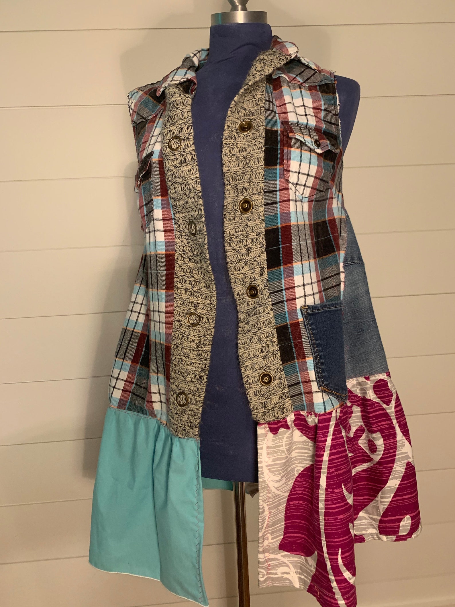 Fun Upcycled Plaid Patchwork Pineapple Flannel Sweater Tank Duster XS ...