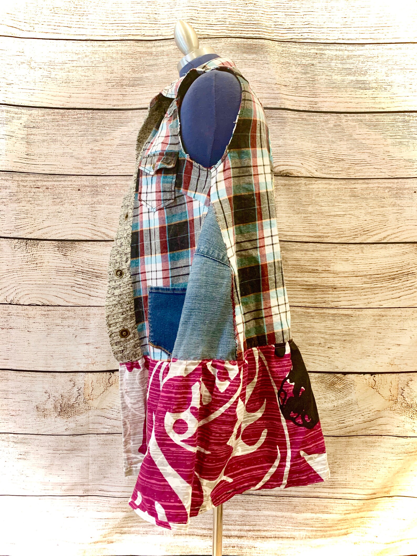 Fun Upcycled Plaid Patchwork Pineapple Flannel Sweater Tank Duster XS ...