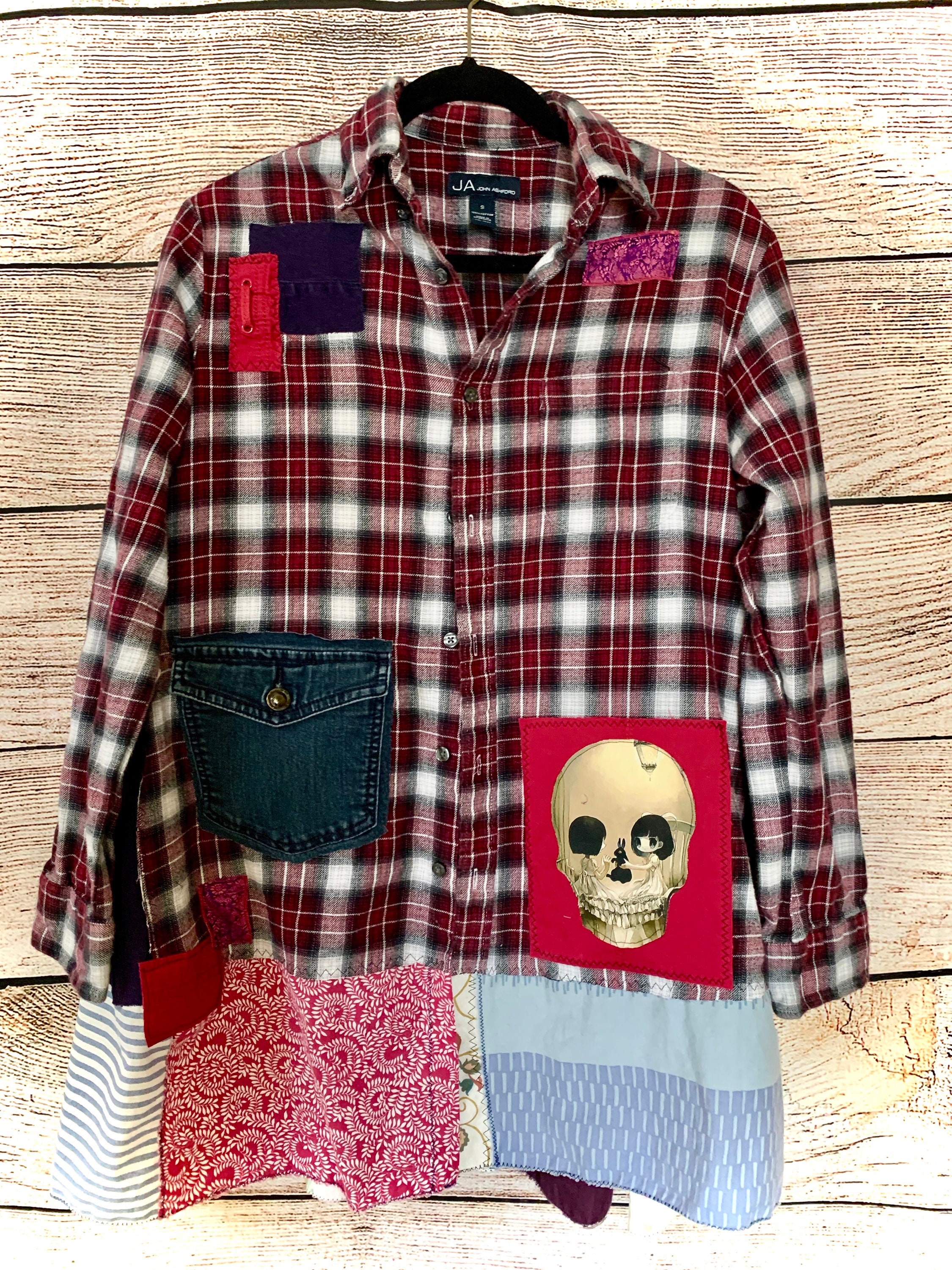 Flannel Duster Cute Skull Patch with Pocket