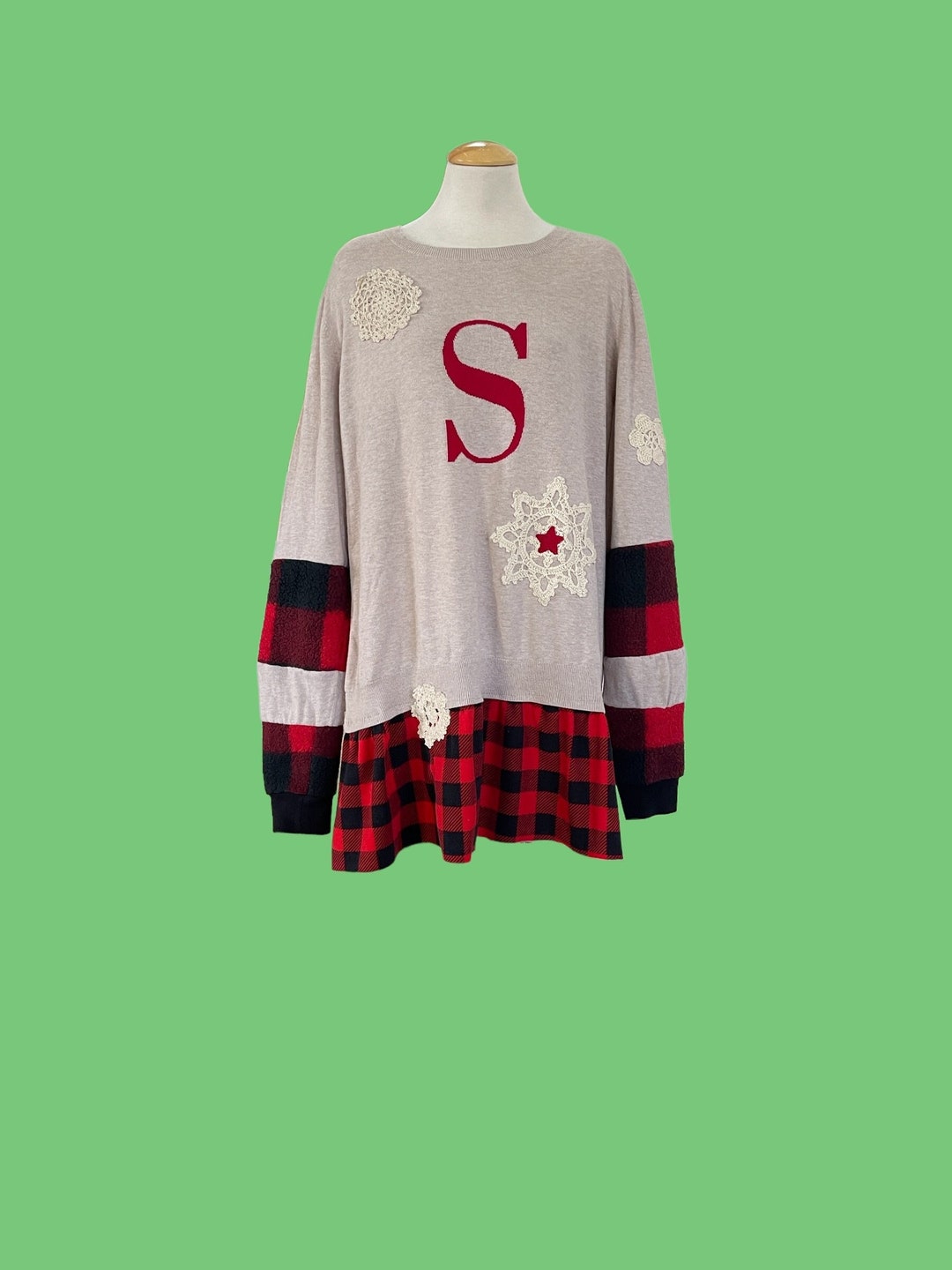 Upcycled Plus Size Sweater: Buffalo Plaid & Doilies, Extra Long Sleeves ...
