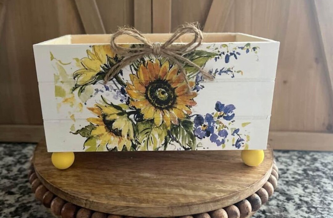 Farmhouse Sunflowers & Lavender Decorative Handmade Wood Crate, Cocoa ...