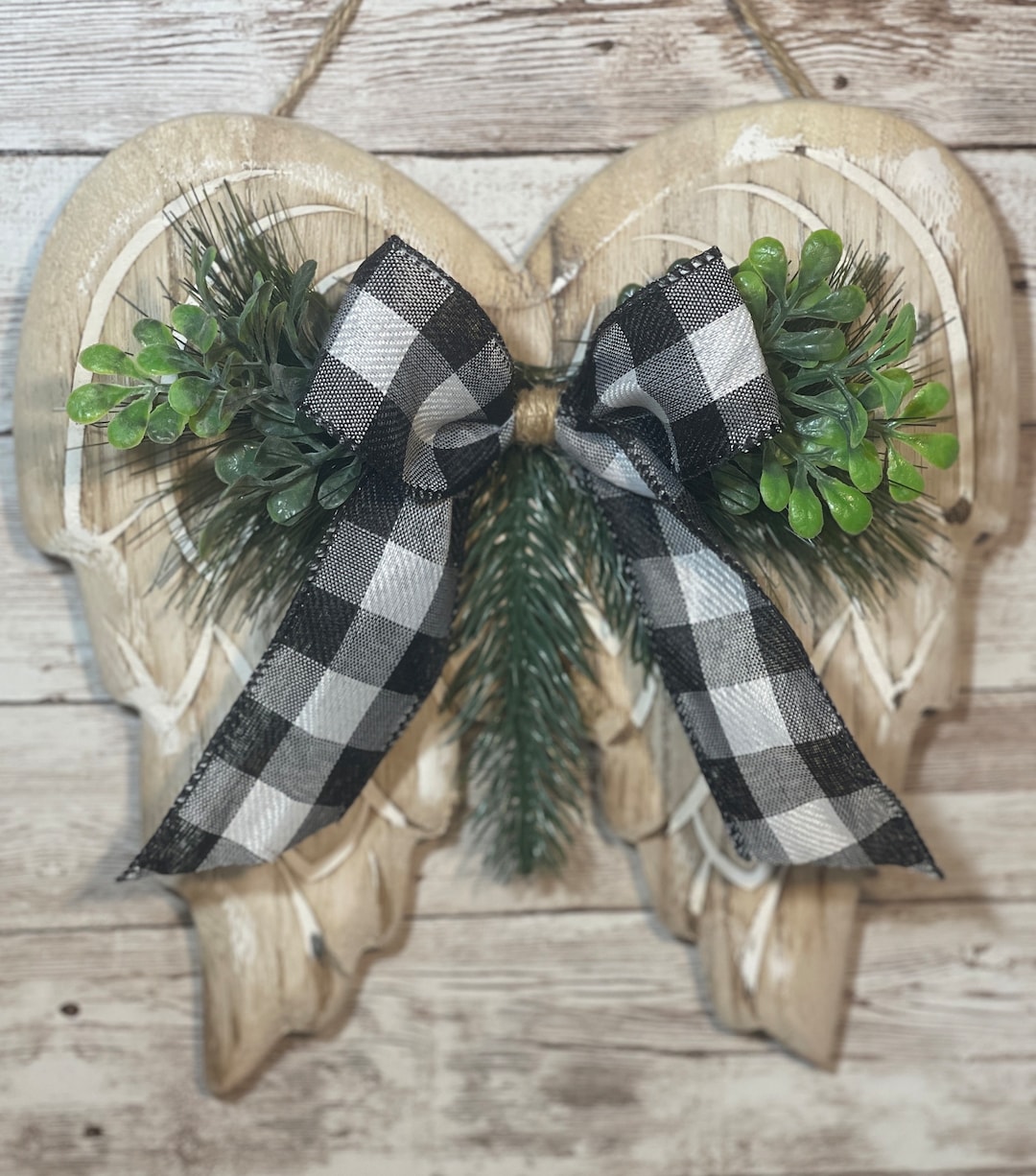 Rustic Farmhouse Wooden Wings With Greenery & Buffalo Check Bow and ...