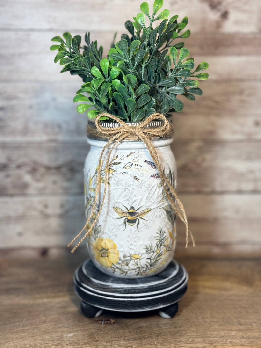 Rustic Farmhouse Mason Jar Vase, Cottage Decor, Decoupage Honey Bee ...
