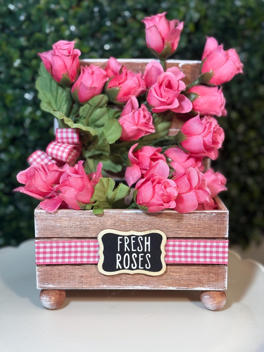 Farmhouse Pink Check and Roses Decorative Handmade Climbing Roses ...