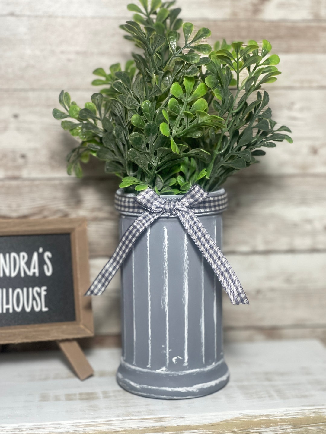 Farmhouse Gray White Distressed Buffalo Check Vase With Boxwood ...