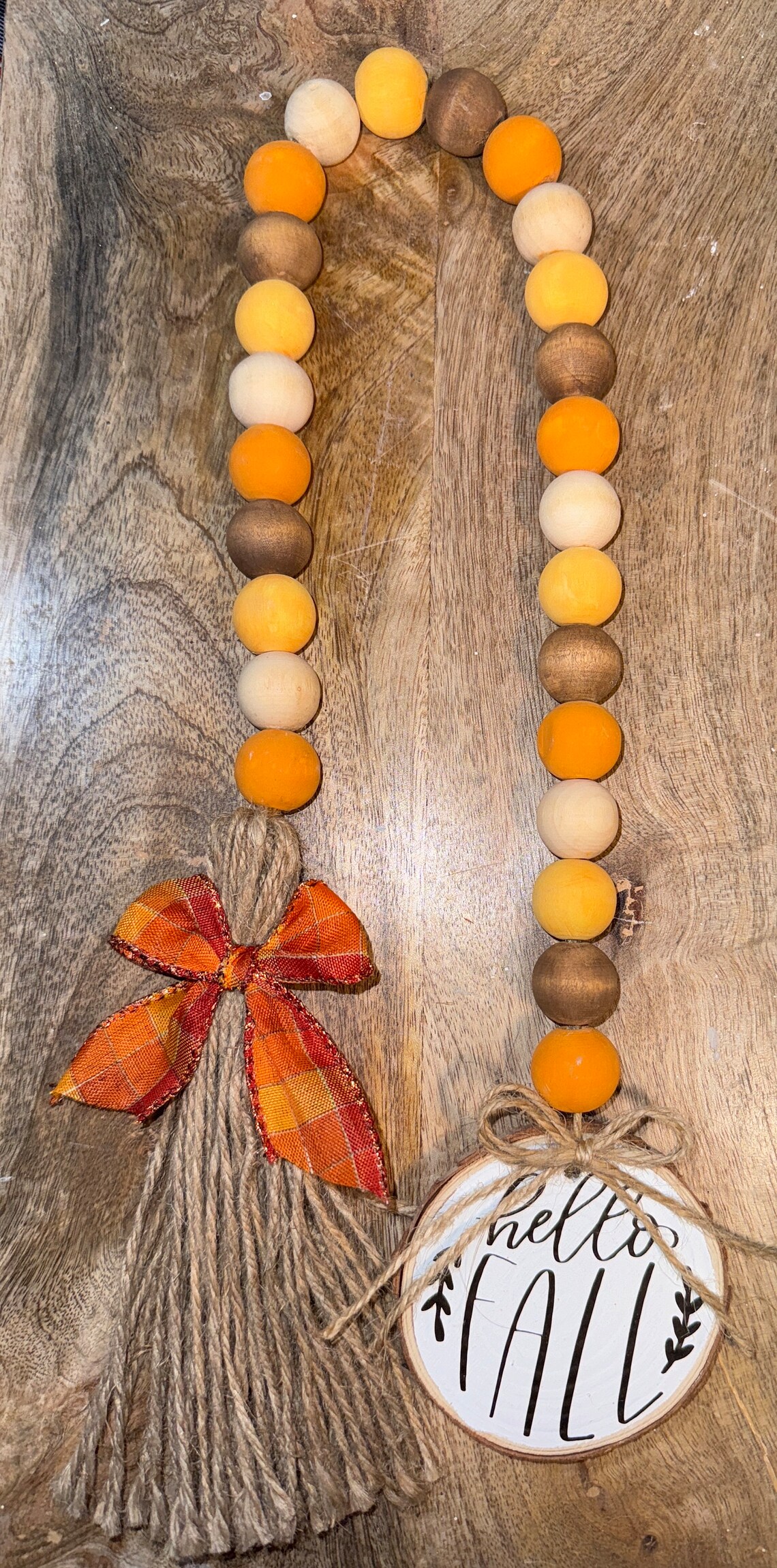 Farmhouse HELLO FALL Beaded Garland, Orange Yellow Brown Natural Wood ...