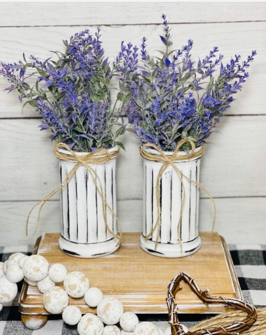 Two Rustic Farmhouse, Lavender Vases With a Jute Rope and Faux Lavender ...