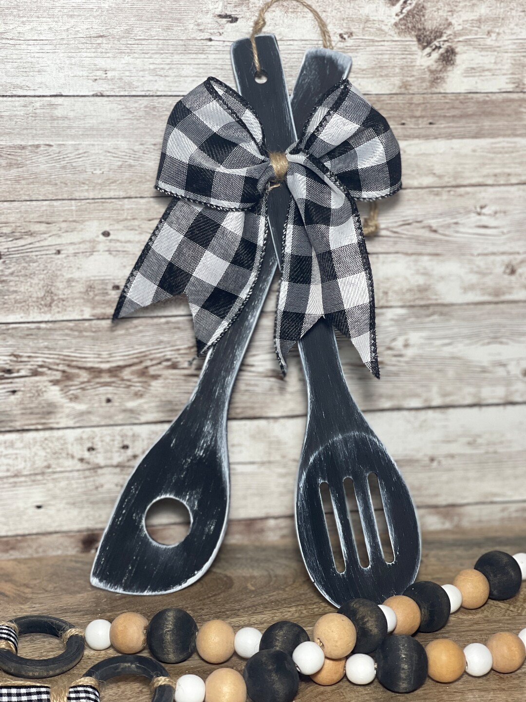 Distressed Fork & Spoon Wall Decor: Farmhouse Check Bow Door Hanger - Etsy