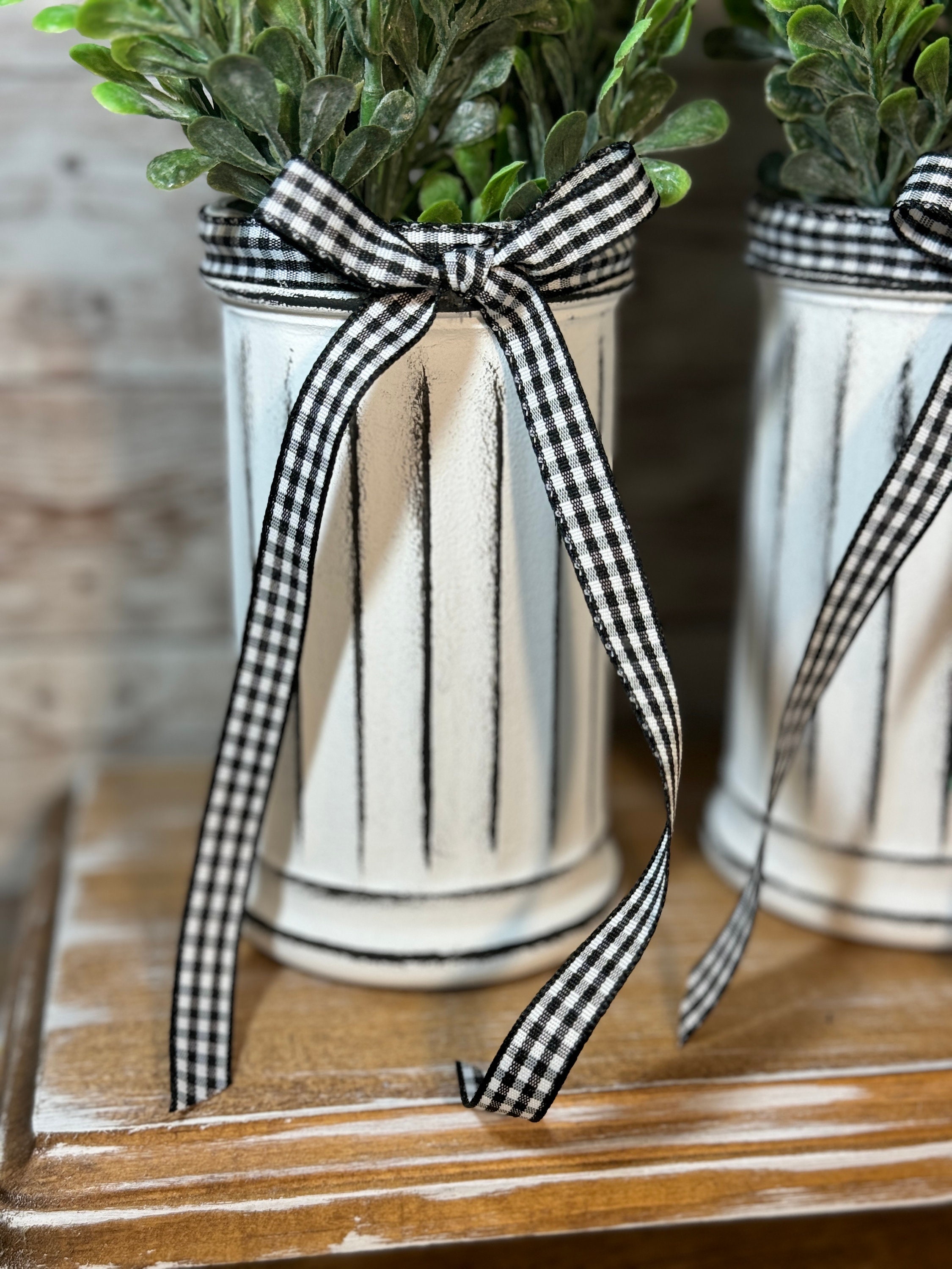 Two Buffalo Check & Jute Farmhouse Vases With Greenery - Etsy