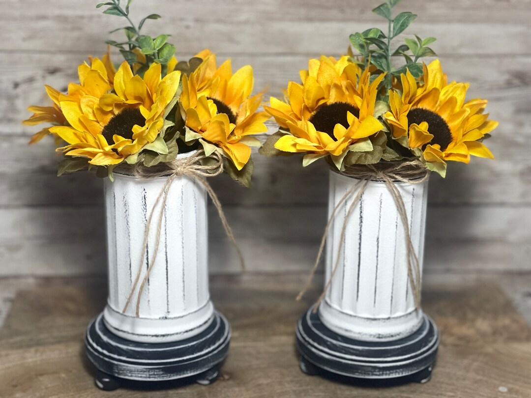 Two Distressed White Black Jute Farmhouse Vases With Sunflower Greenery ...