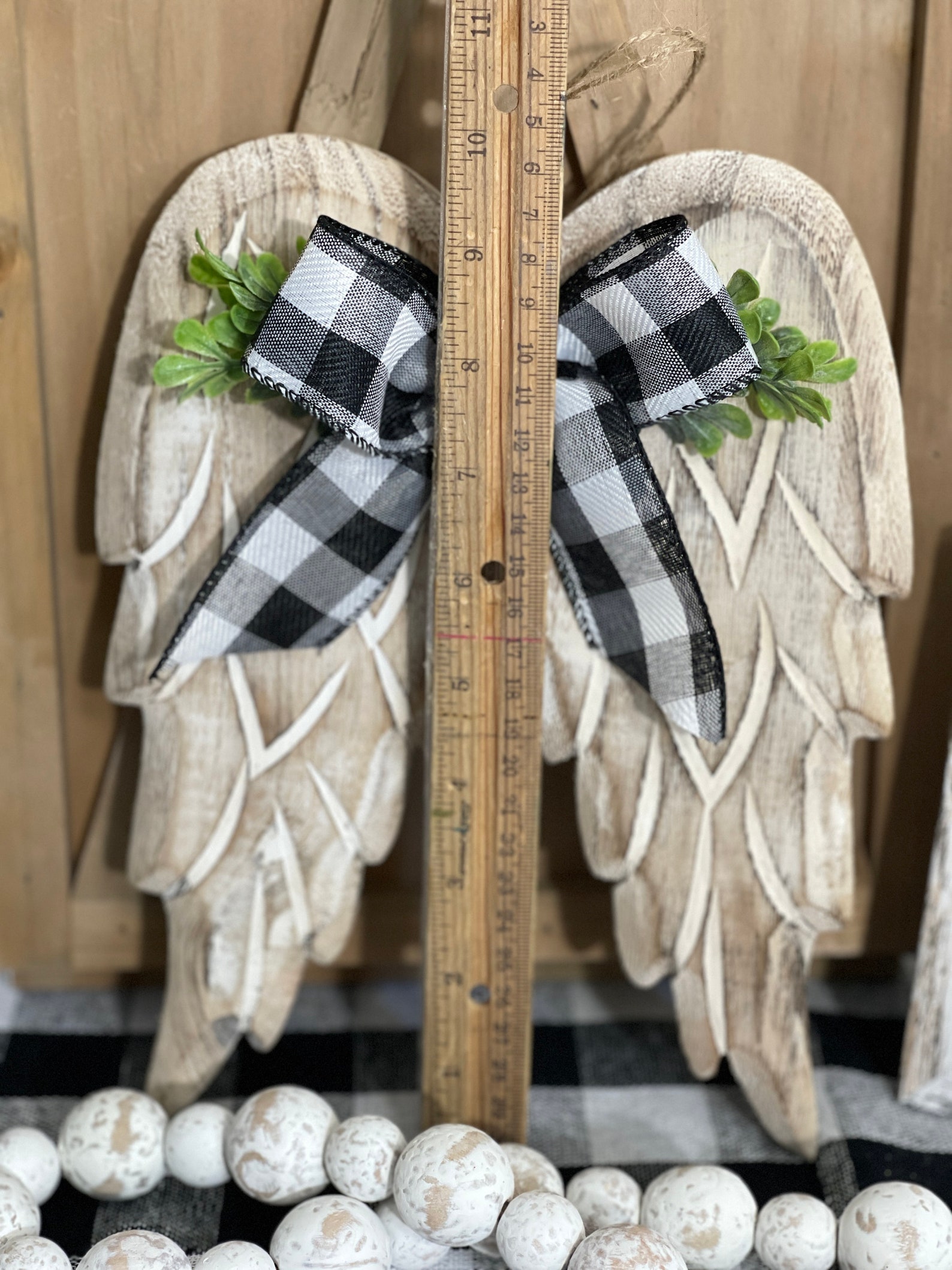 Rustic Farmhouse Wooden Wings With Greenery & Buffalo Check Bow and ...