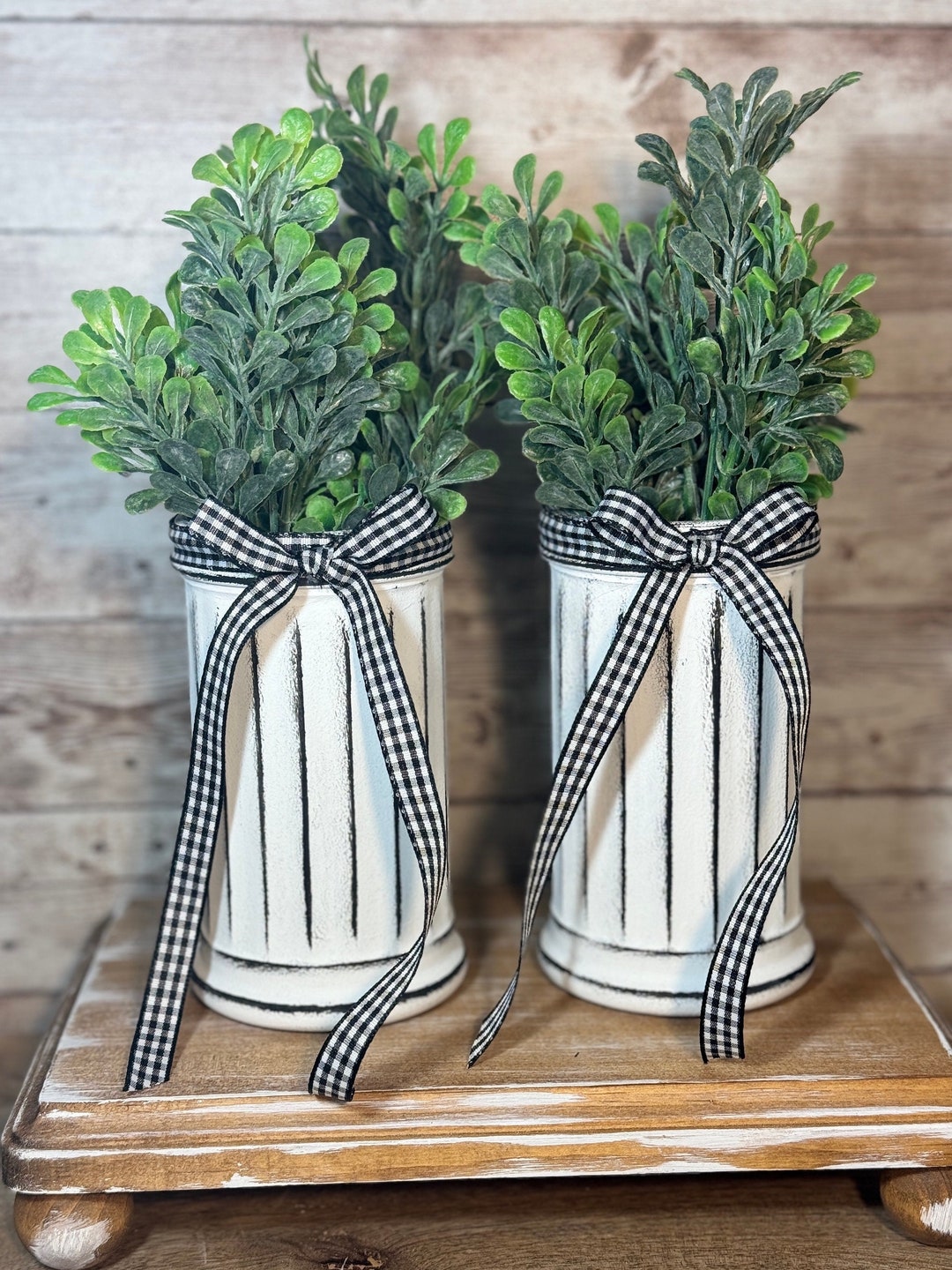 Two Buffalo Check & Jute Farmhouse Vases With Greenery - Etsy
