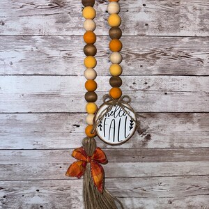 Farmhouse HELLO FALL Beaded Garland, Orange Yellow Brown Natural Wood ...