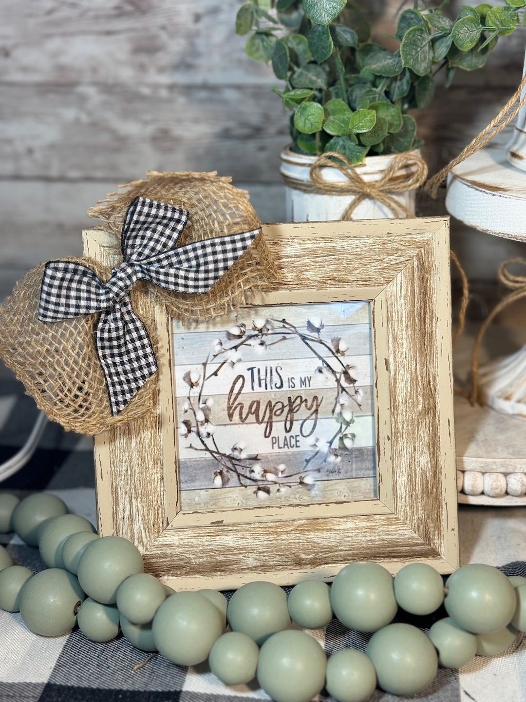 This is My Happy Place Shiplap Cotton Wreath | Buffalo Plaid Burlap ...