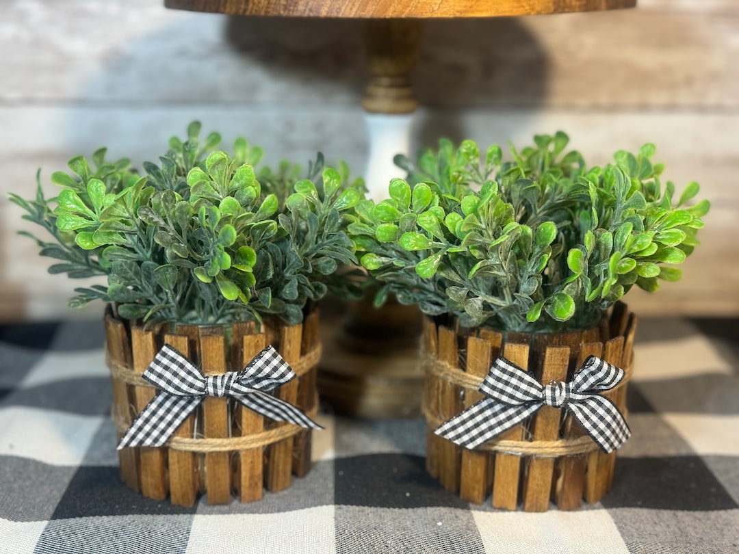 Farmhouse Clothespin Barrel Centerpieces With Greenery Jute & Check Bow ...