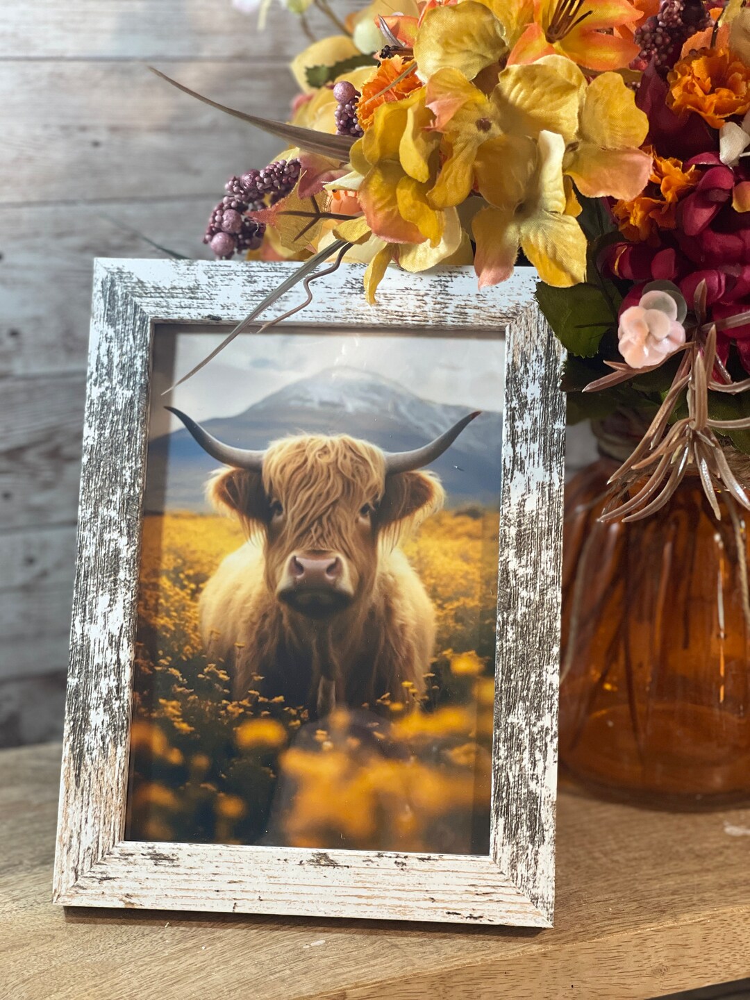 Highland Cow Framed Art: Rustic Fall Flower Meadow, Distressed Frame - Etsy