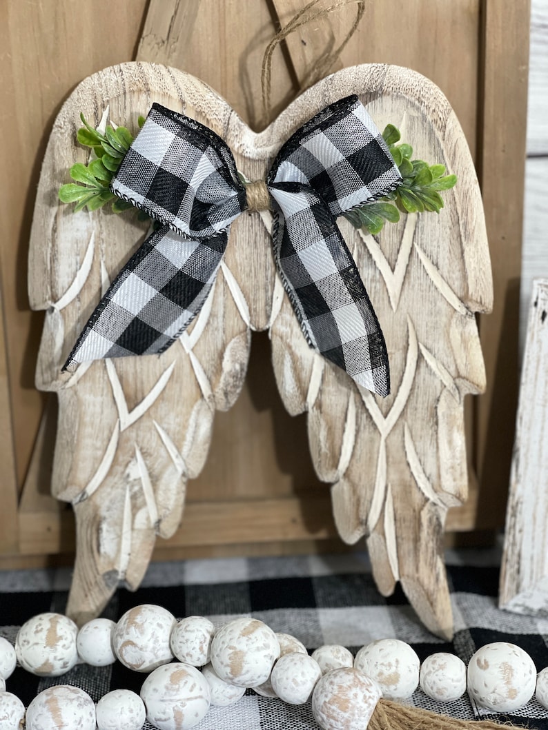 Rustic Farmhouse Wooden Wings With Greenery & Buffalo Check Bow and ...