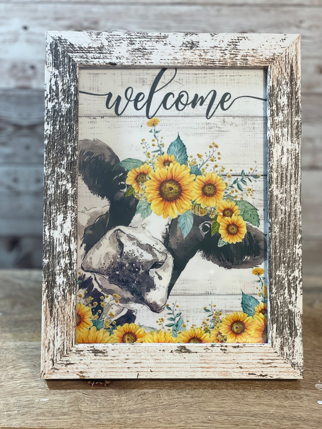 Farmhouse Shiplap Welcome Black and White Cow Decorated by Sunflowers ...