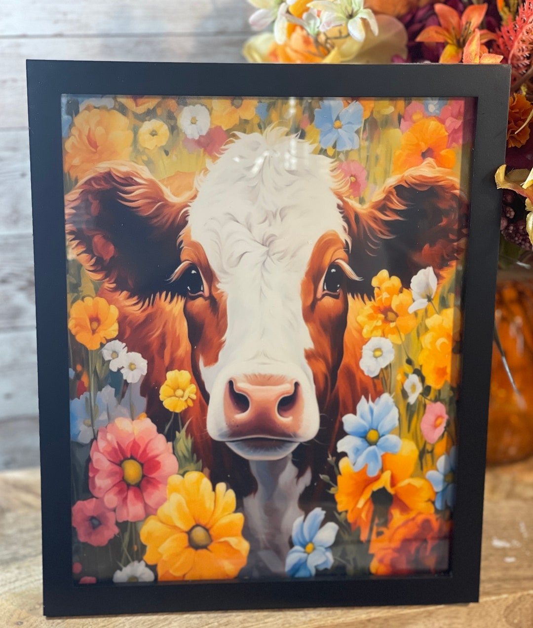 Rustic Farmhouse Fall Flowers Cow Framed Sign, Home Decor, Cow Sign ...
