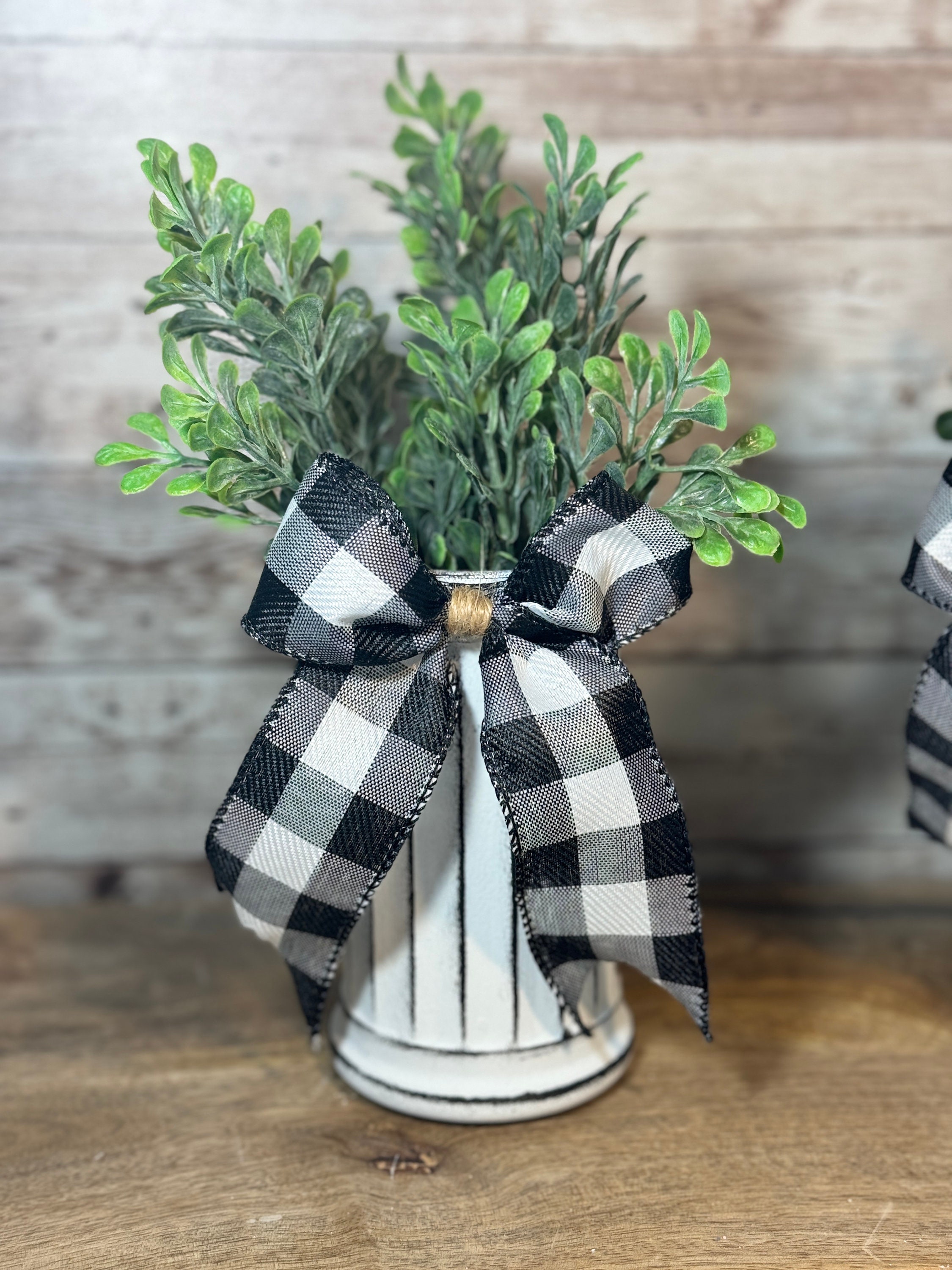 Two Buffalo Check & Jute Farmhouse Vases With Greenery - Etsy