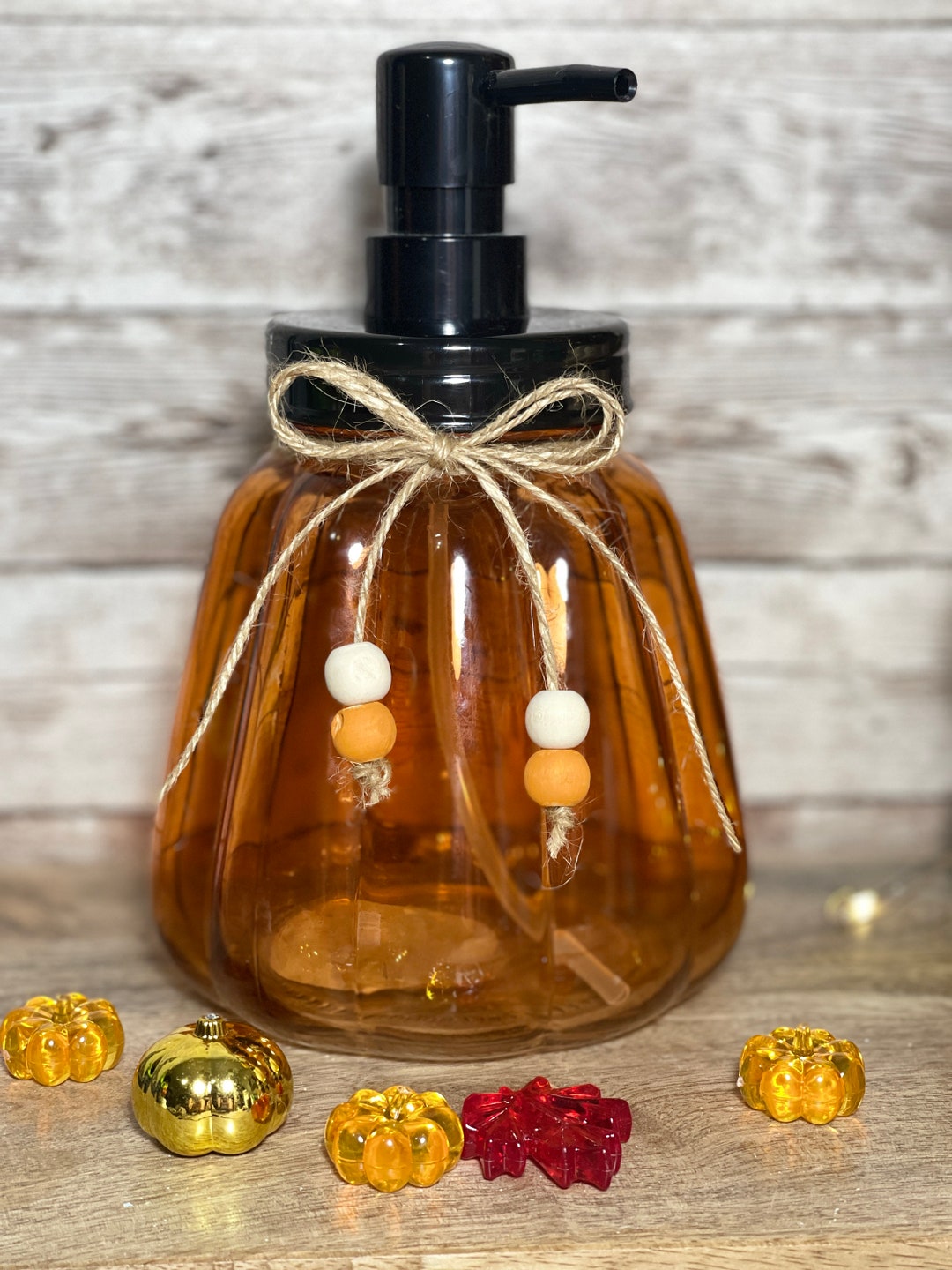 Fall Autumn Thanksgiving Wood Beaded Orange Glass Pumpkin Soap Pump/ Soap Dispenser 24oz ...