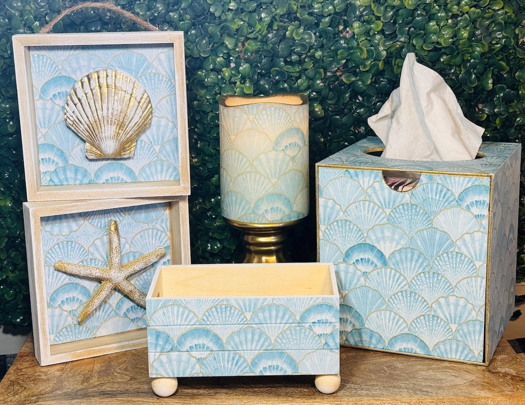 Beach Themed Decoupaged Tissue Box Cover, Turquoise & Gold Trim ...