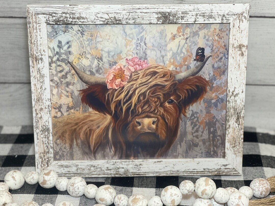 Floral Pink Roses & Butterfly Highland Cow Distressed Tier - Etsy