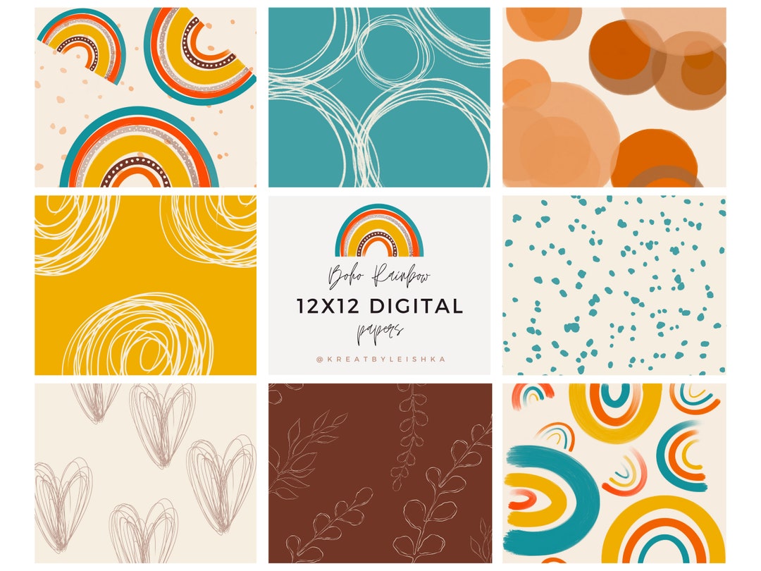 Boho Rainbow Digital Paper Pack, Commercial Use, Hand Drawn Patterns ...
