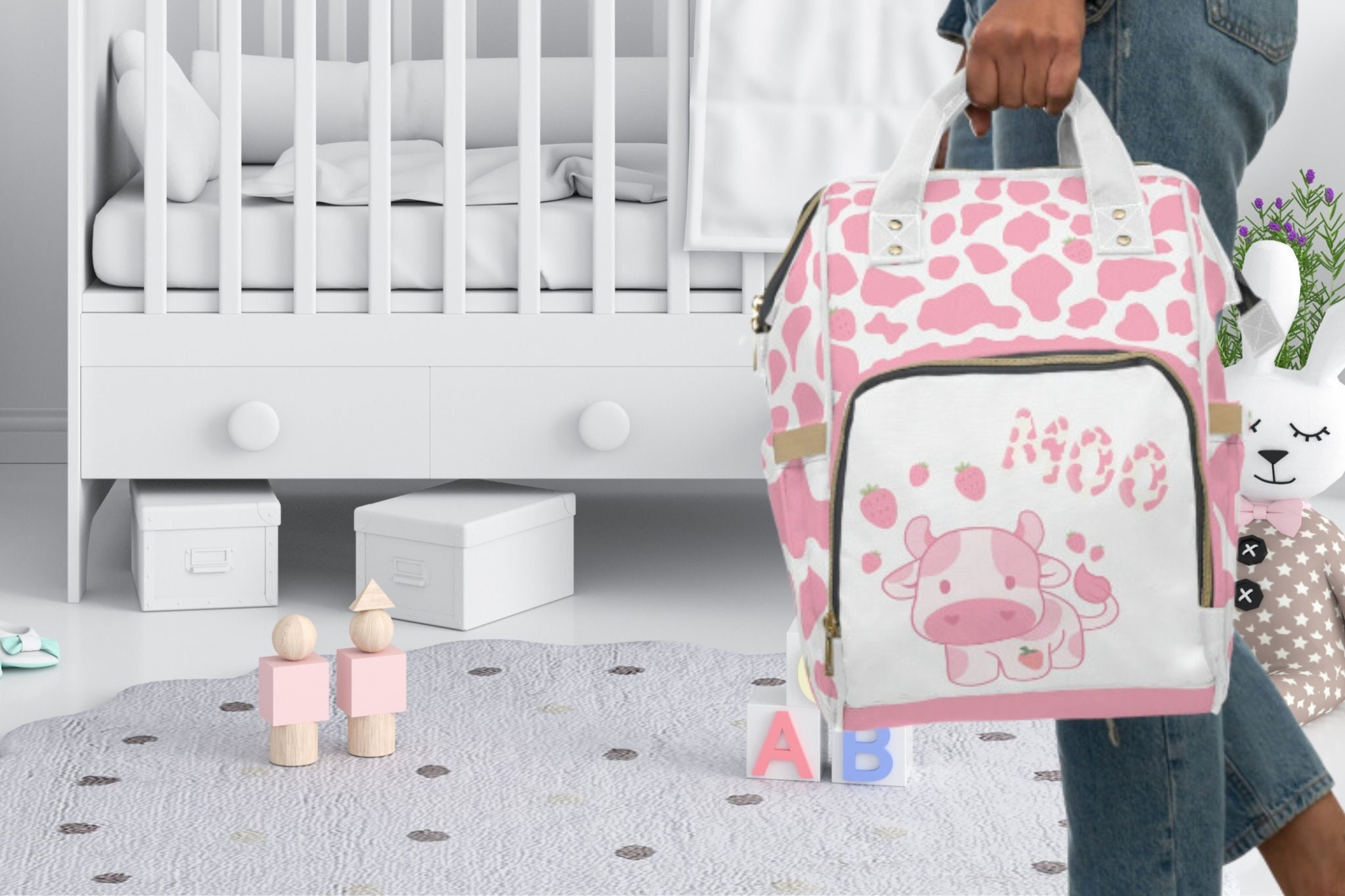 Strawberry Cow Bag Pink Cow Print Back Pack, Kawaii Strawberry Milk Cow ...