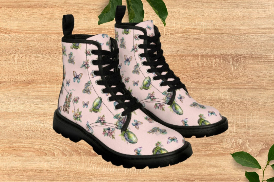 Pastel Pink Dragon Canvas Boots Fantasy Goth Shoes Mythical Castle ...