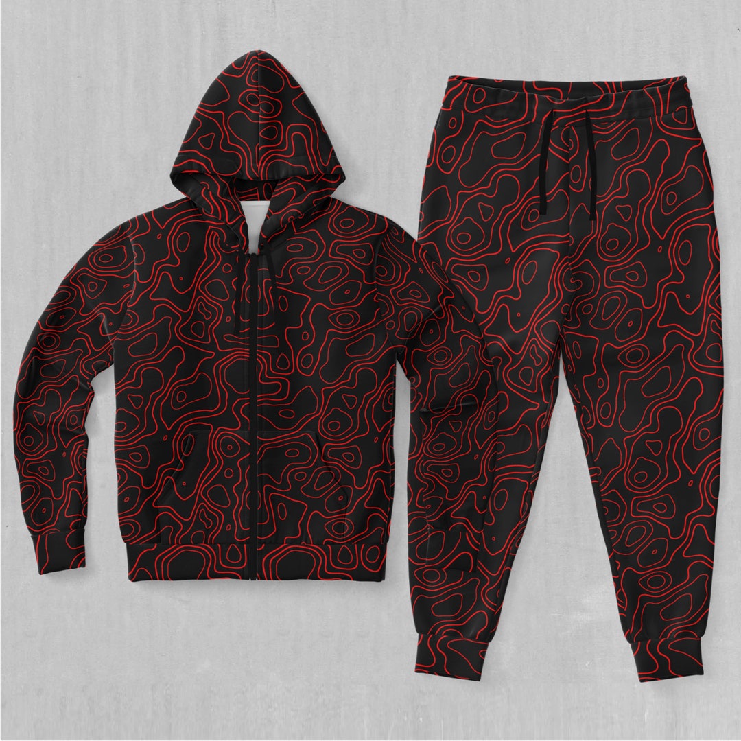 Red Topographic Camo Abstract Zip-up Hoodie and Joggers Set Tracksuit ...