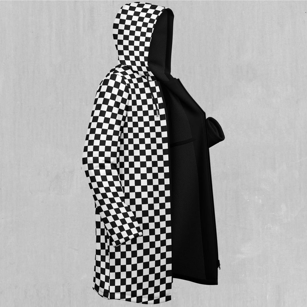 Checkerboard Jacket Overcoat EDM Rave Festival Sherpa Lined Hooded Zip ...