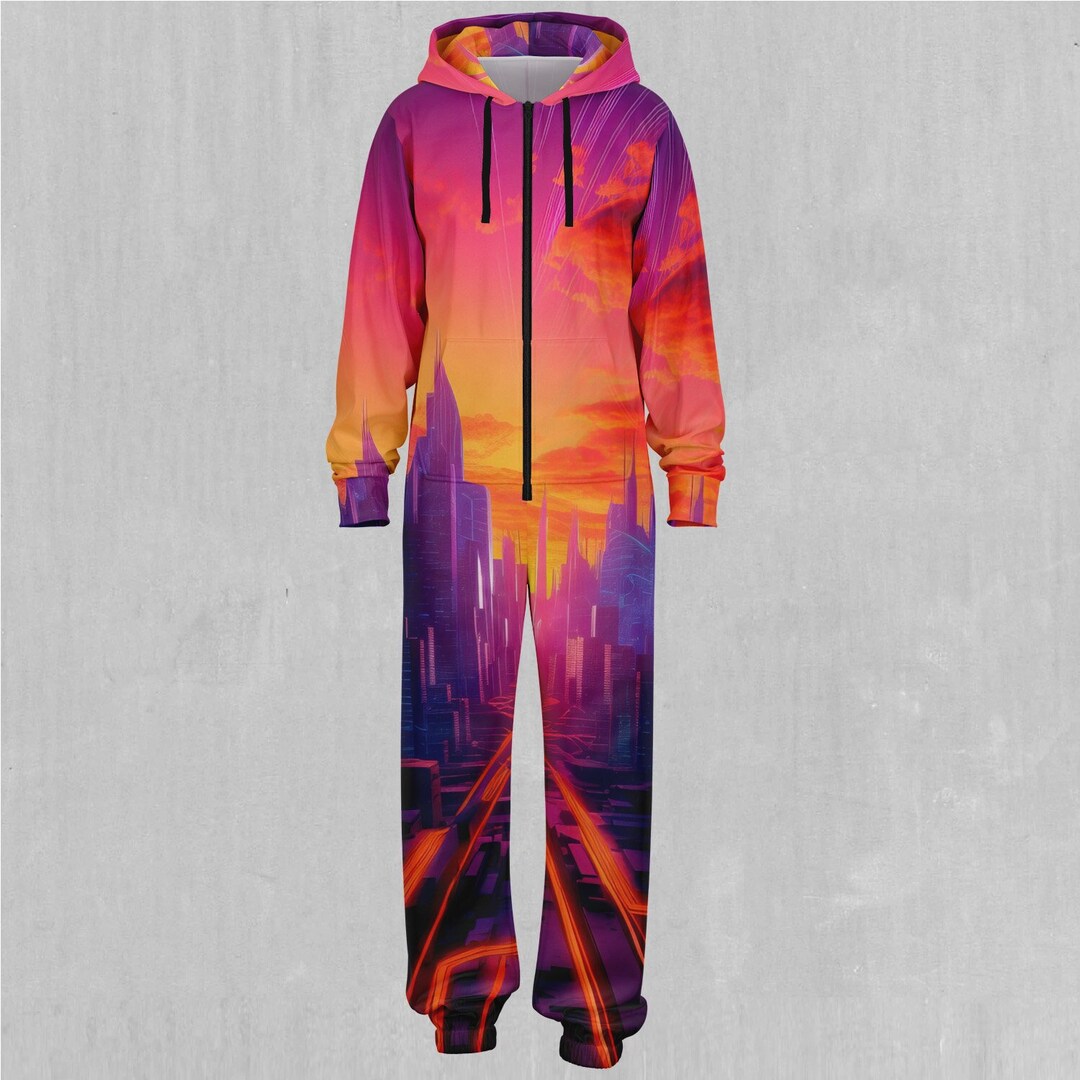 Neon Skyline Retro Vaporwave Synthwave Adult Zip up Jumpsuit Pajamas - Etsy