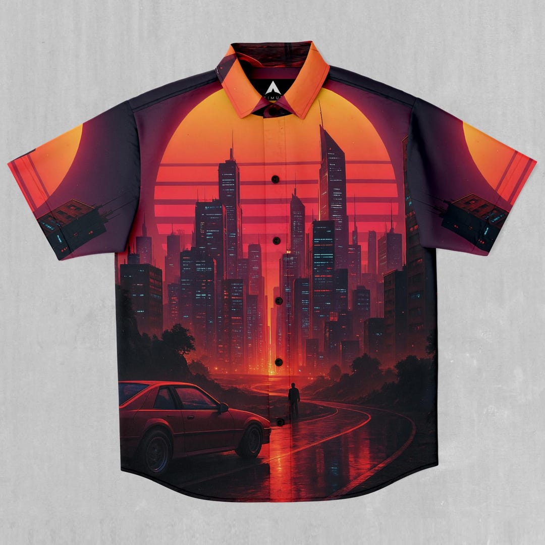Neon Sunrise Synthwave Short Sleeve Vaporwave Button Down Collared ...
