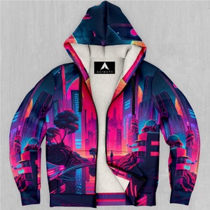 Neon Sunrise Synthwave Retro Vaporwave Sherpa Microfleece Zip-up Hoodie ...