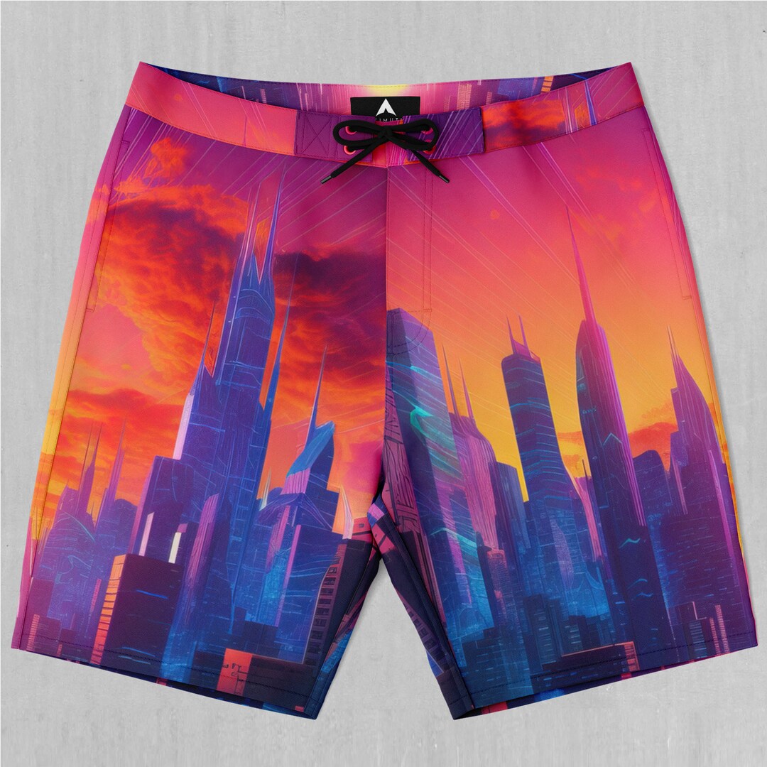 Neon Skyline Vaporwave Synthwave Board Shorts Men's Bathing Suit Swim ...
