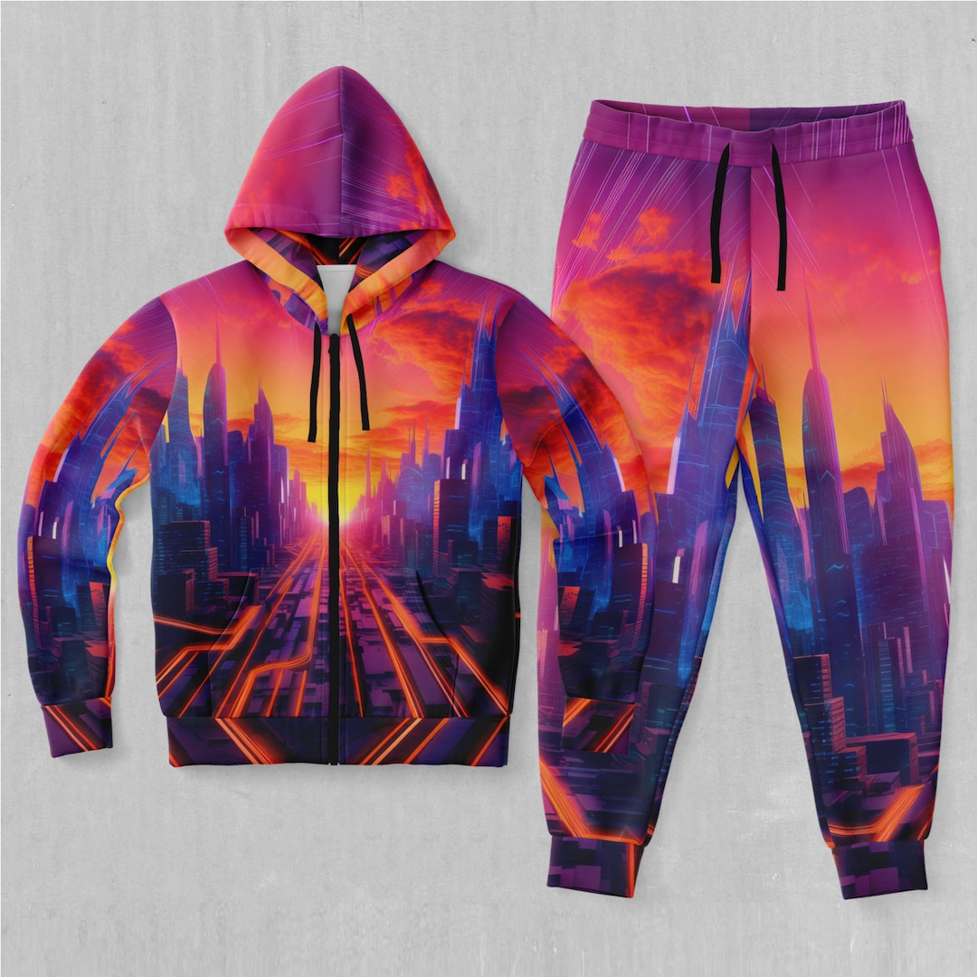 Neon Skyline Retro Synthwave Zip-up Hoodie and Joggers Set Tracksuit - Etsy