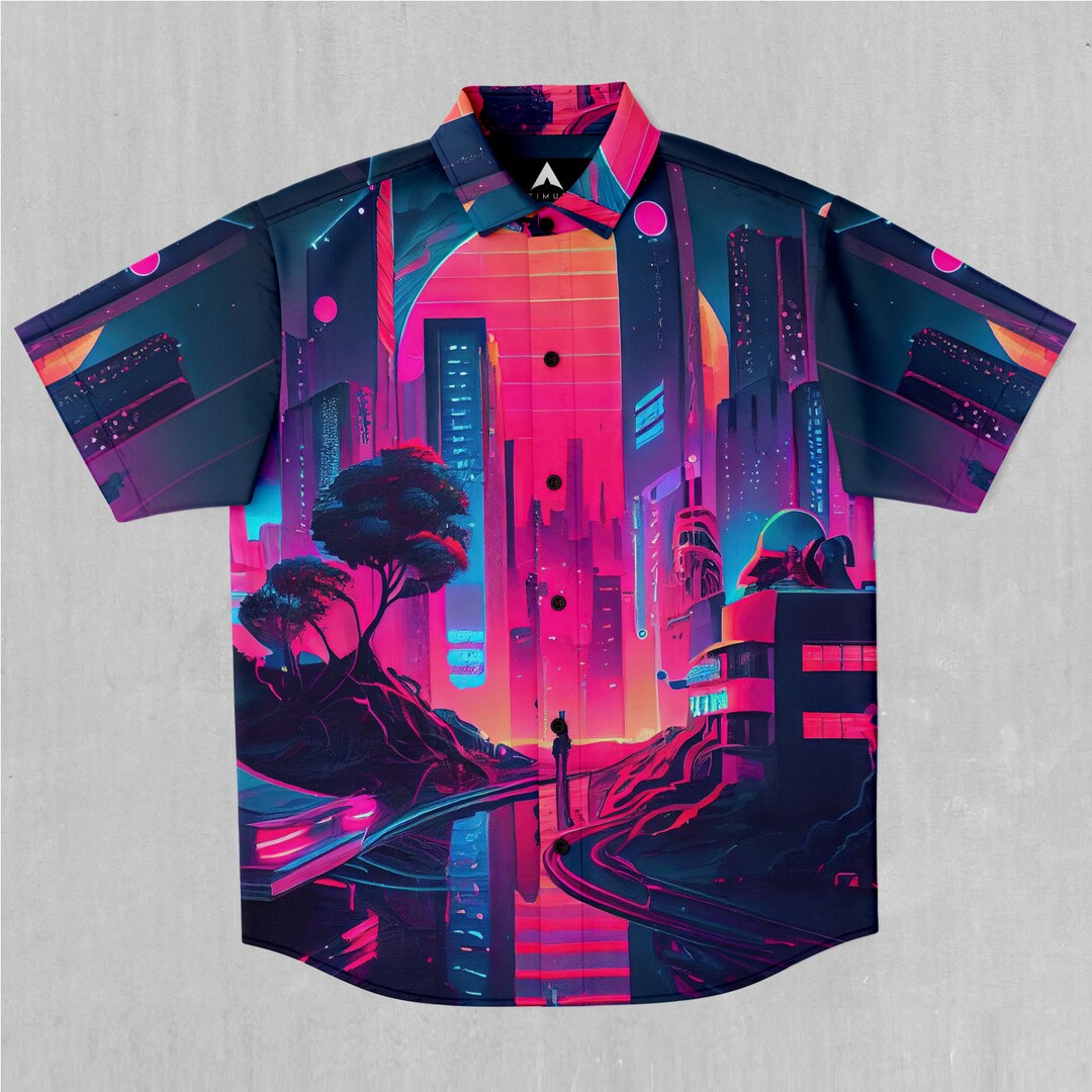 Neon Sunrise Synthwave Short Sleeve Vaporwave Button Down Collared ...