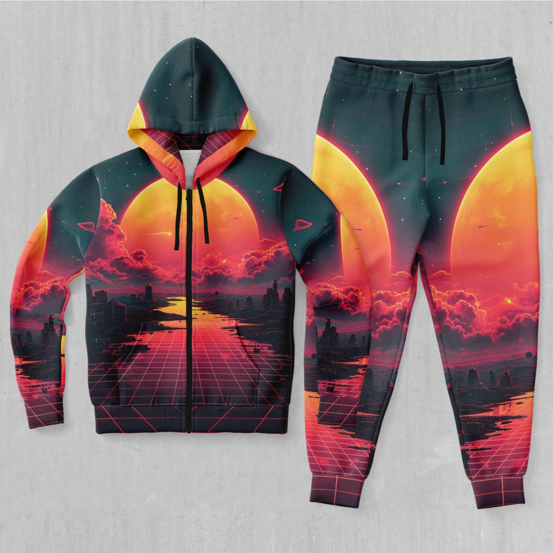 Cyber Skyline Retro Synthwave Zip-up Hoodie and Joggers Set Tracksuit ...