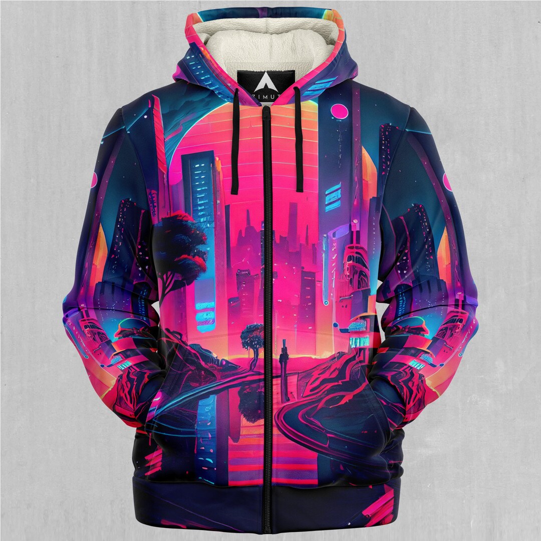 Neon Sunrise Synthwave Retro Vaporwave Sherpa Microfleece Zip-up Hoodie ...