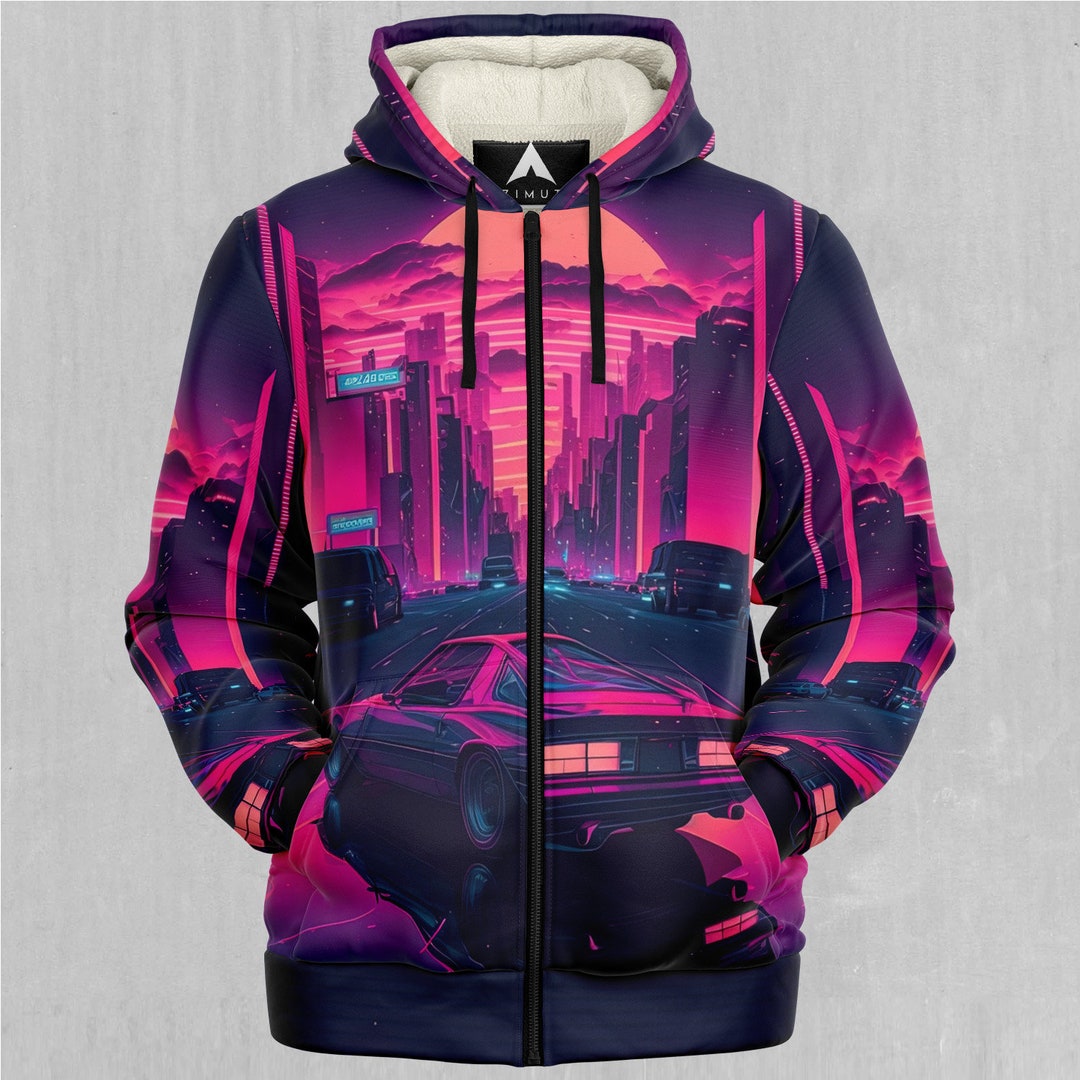 Nightfall Synthwave Retro Vaporwave Sherpa Microfleece Zip-up Hoodie - Etsy