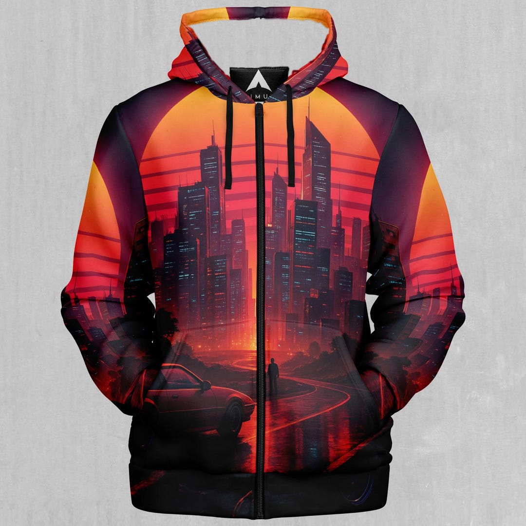 Neon Sunrise Synthwave Retro Vaporwave Sherpa Microfleece Zip-up Hoodie ...