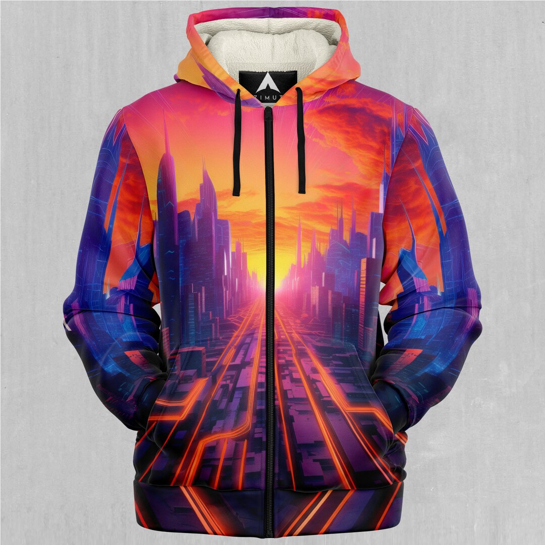 Neon Skyline Synthwave Retro Vaporwave Sherpa Microfleece Zip-up Hoodie ...