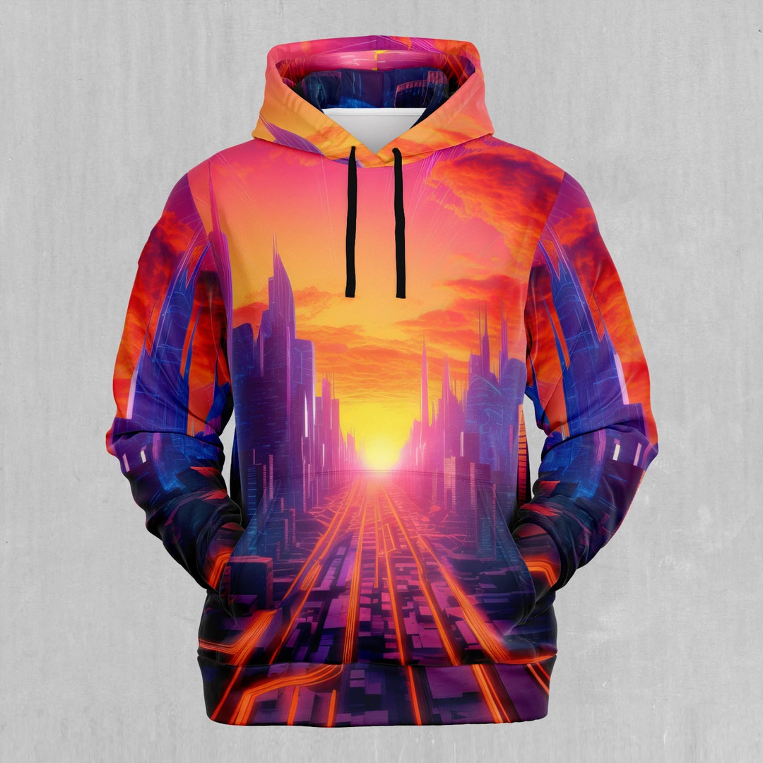 Neon Skyline Vaporwave Synthwave EDM Rave Festival Polyester Hoodie - Etsy