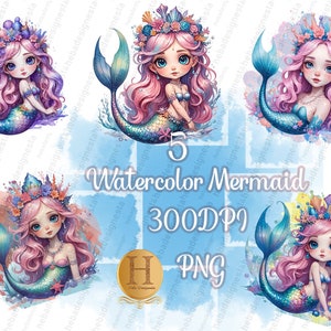 Whimsical Mermaid Watercolor Clipart, Printable, Digital Download ...