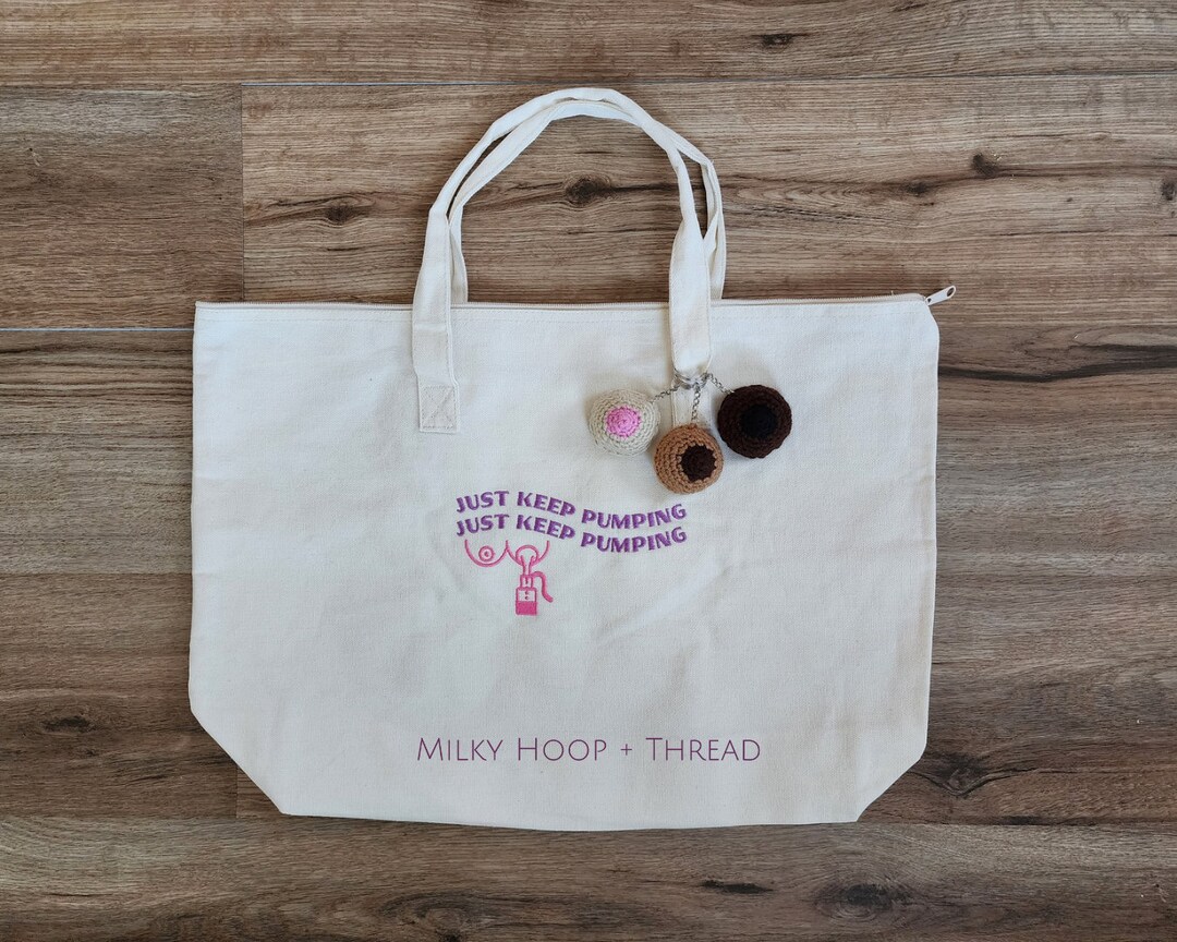 Embroidered Just Keep Pumping Heavy Duty Canvas Pumping Tote Bag Breast ...