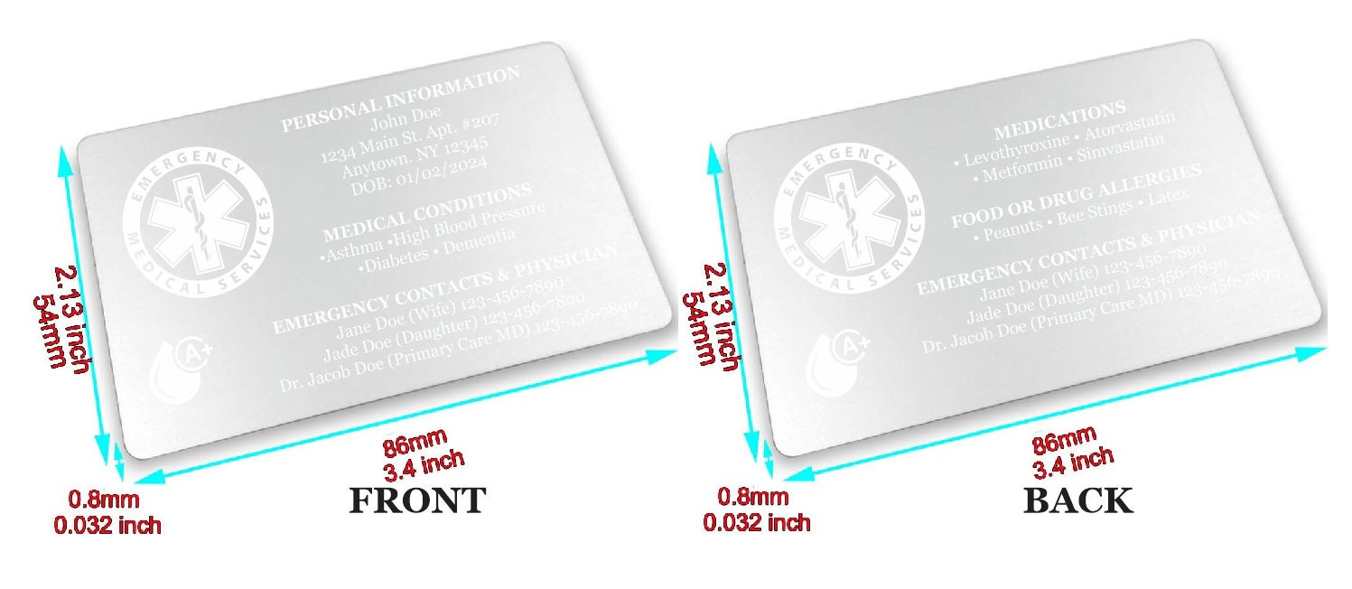 Personalized Emergency Medical Contact Card ID FREE SHIPPING - Etsy