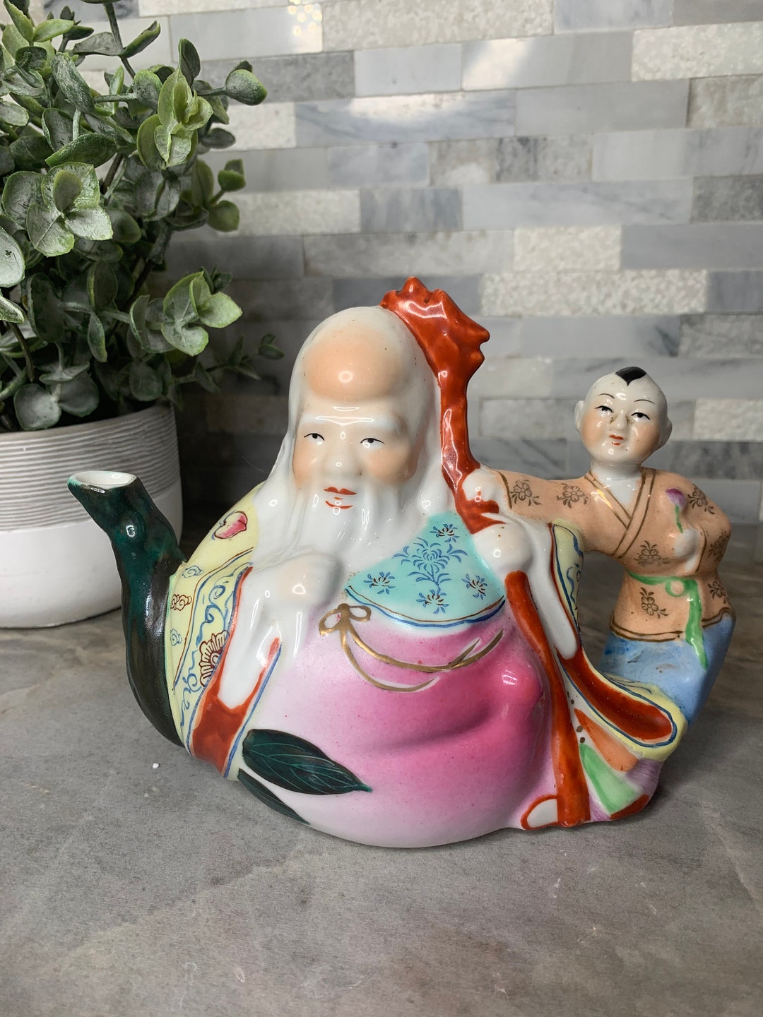 Vintage Chinese Buddha Teapot, Shou Lau Longevity God and Boy Porcelain ...